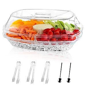 MOLIGOU Chilled Serving Tray, Ice Party Platter with Lid, 4 Compartments Appetizer Serving Tray on Ice