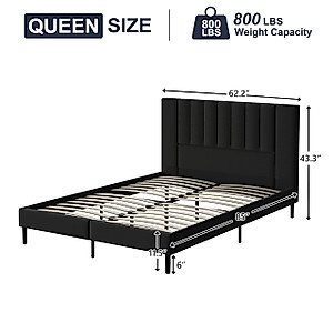Flolinda Queen Size Platform Bed Frame with Velvet Upholstered Headboard and Wooden Slats Support, Fully Upholstered Mattress Foundation/No Box Spring Needed/Easy Assembly, Black