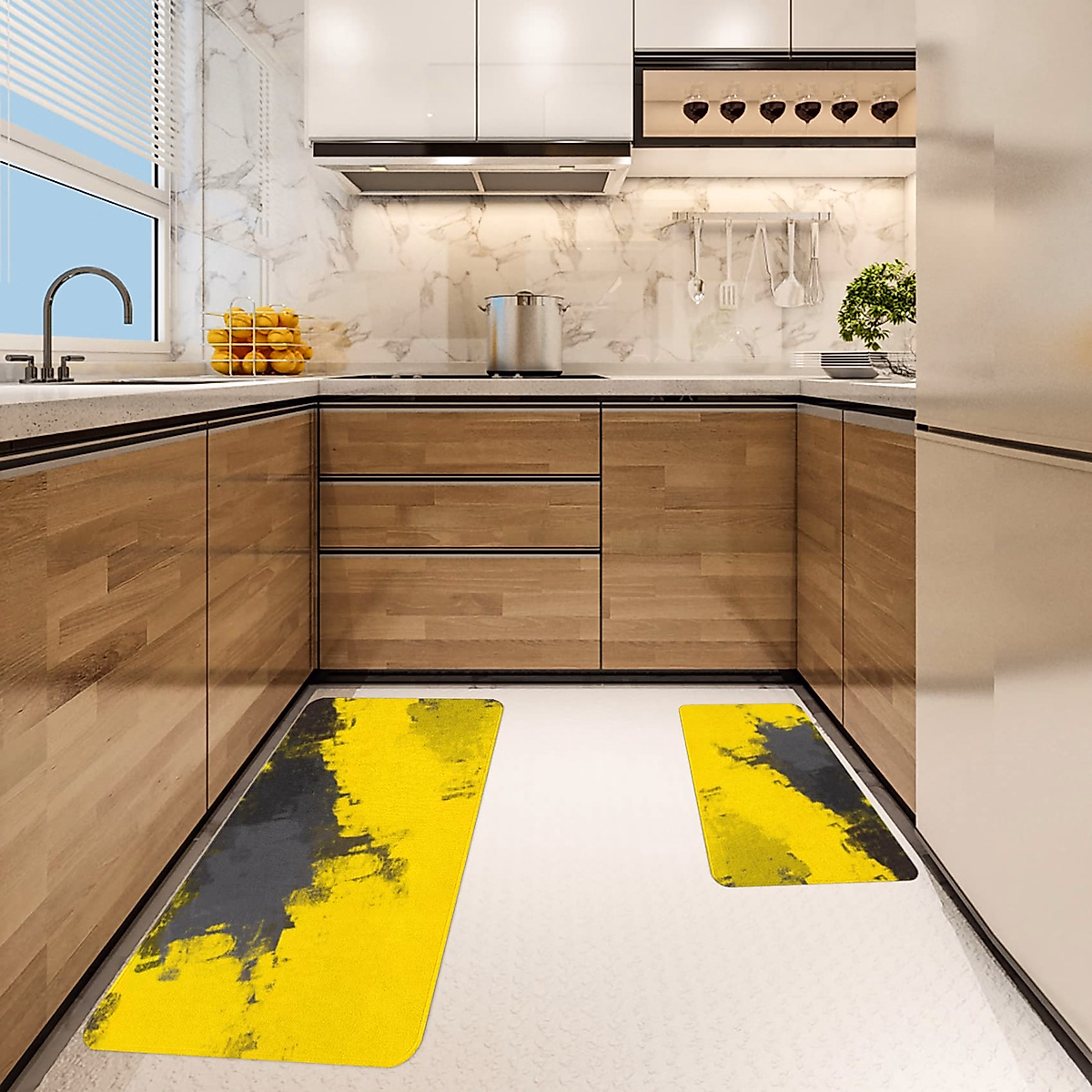 RYANZA 2 Pieces Kitchen Rugs, Abstract Anti Fatigue Non Slip Foam Cushioned Yellow Black Graffiti Art Comfort Indoor Floor Mat Runner Rug Set for Laundry Office Sink Bathroom (17"x48"+17"x24")