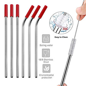 Hoshen 7 Piece 8.5 Inch Reusable Stainless Steel Straw Set With Anti-Scratch Mouth Silicone Tip, Bone Pack Set (3 Straight/3 Curved/1 Brush/6 Silicone Mouth) - Red
