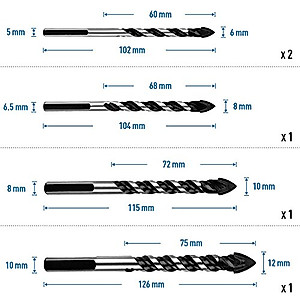 QWORK 5 Pcs Set (6, 6, 8, 10, 12mm) Multi-Material Drill Bit Set for Tile,Concrete, Brick, Glass, Plastic and Wood Tungsten Carbide Tip Best for Wall Mirror and Ceramic Tile on Concrete and Brick Wall