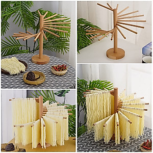 DlbvFoy Collapsible Pasta Drying Rack, Wooden Spaghetti Stand Dryer with 16 Suspension Rods Homemade Fresh Noodle Hanger, Noodle Drying Rack Easy Storage and Quick Set-Up Hanging Rack