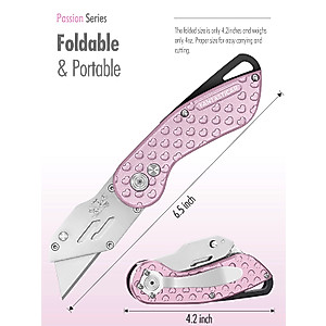 FantastiCAR Pink Folding Box Cutter, Unique Utility Knife Metal Body and Advanced Gift Package, with Extra Blades