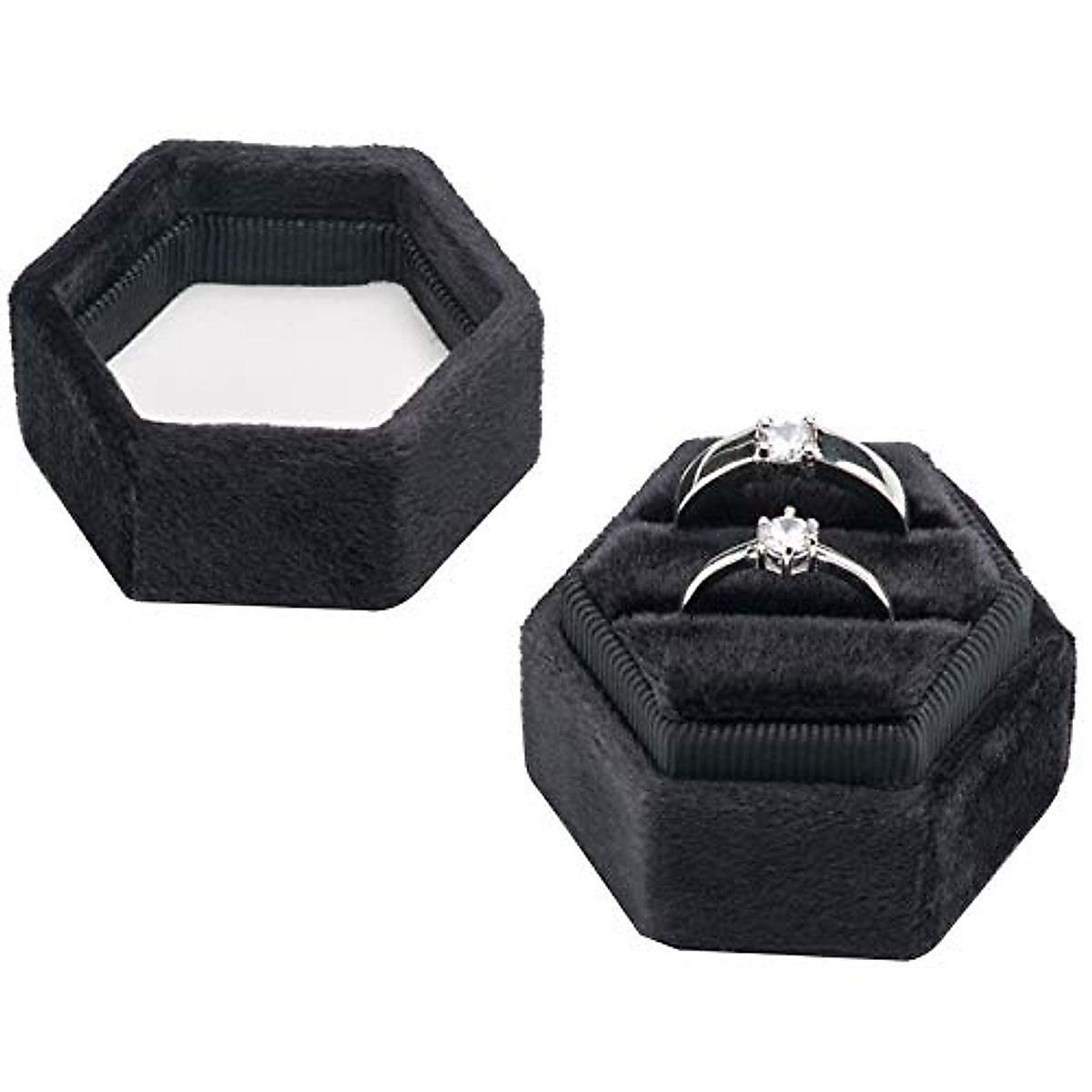 Premium Velvet Ring Bearer Box for Proposal Engagement Wedding Ceremony - Hexagon Vintage Double Ring Display Holder with Detachable Lid (Black)