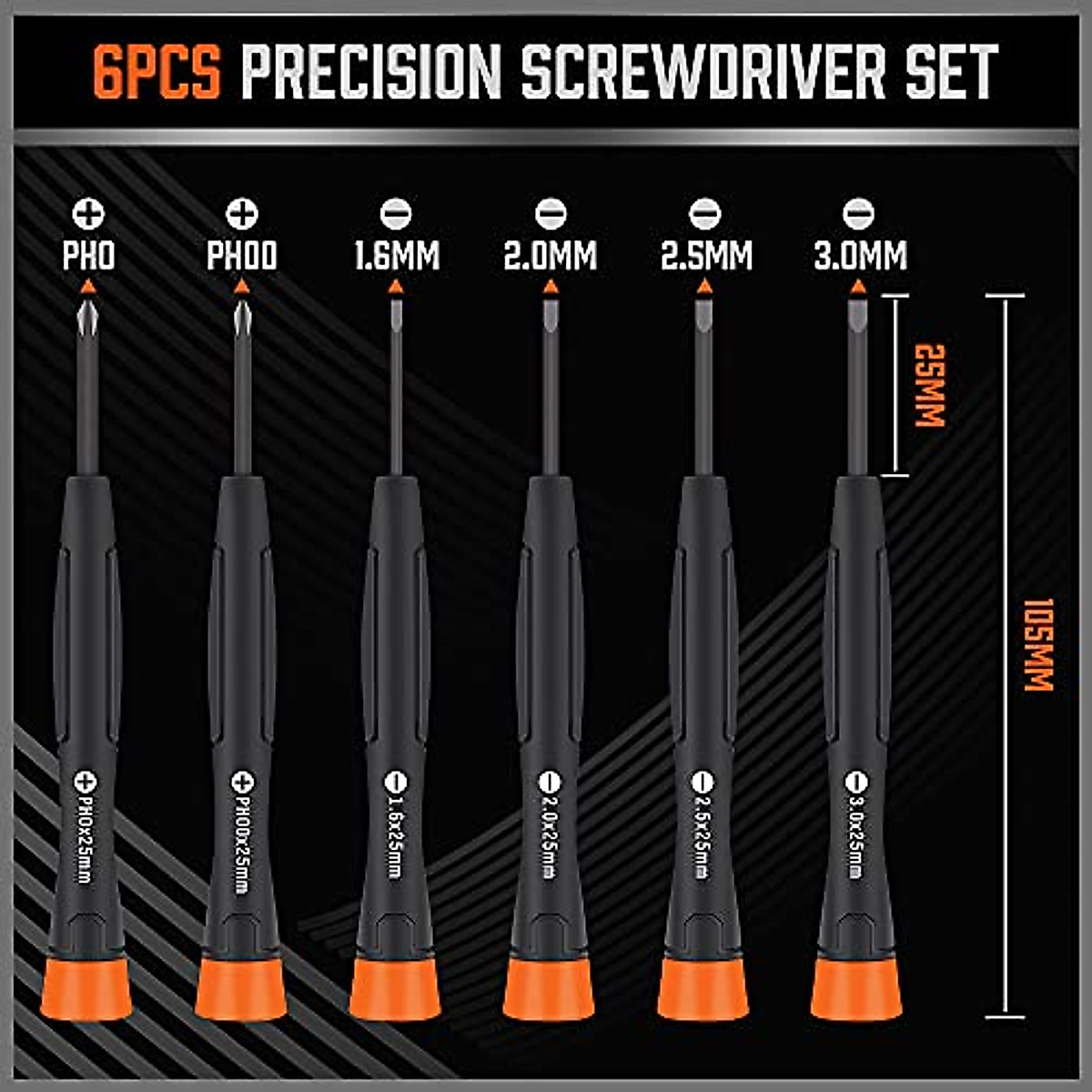 HORUSDY 6-Piece Magnetic Precision Screwdriver Set, Phillips and Slotted Mini Screwdriver Set, Chrome Vanadium Steel, Rotatable End Cap