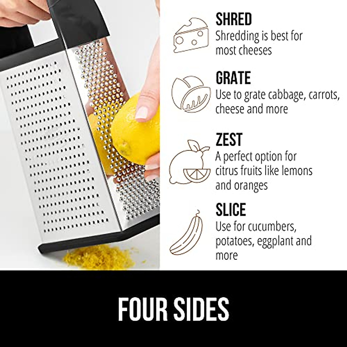 Gorilla Grip Box Grater and Measuring Spoons Set, Box Grater Has Built in Container, Measuring Spoons Set is Dishwasher Safe, Both in Black Color, 2 Item Bundle