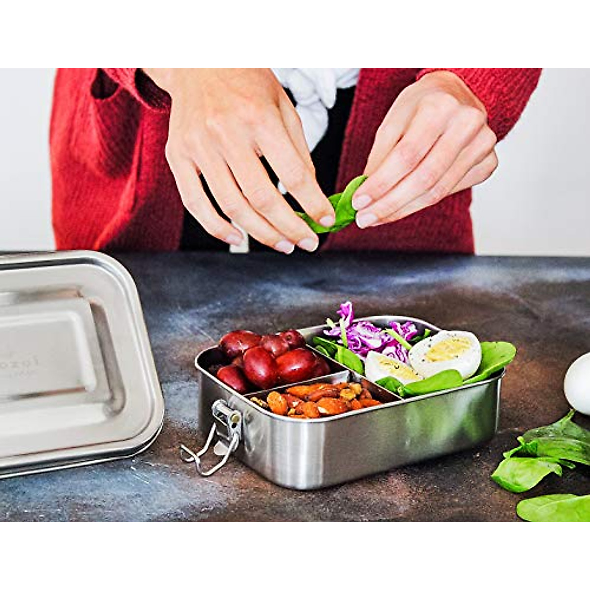 ecozoi Stainless Steel Lunch Box, Leak Proof Metal Bento Box with 3 Compartments, 35 Oz Bento Box, BPA Free Meal Prep Food Container | Bonus 50 ml Sauce Container