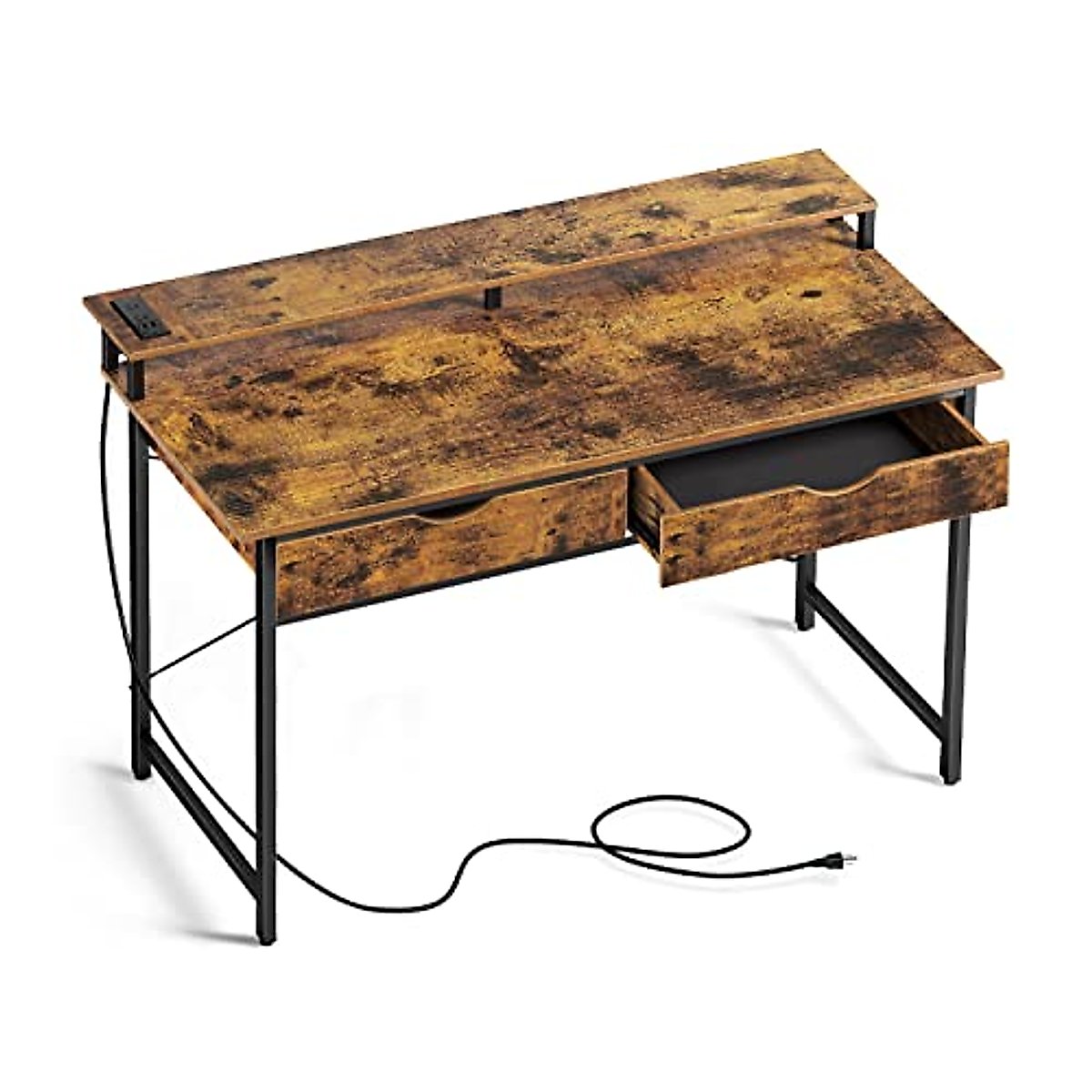 Rolanstar Computer Desk with 2 Drawers and Power Outlet, 47" Home Office Writing Desk with Monitor Stand, Workstation Table with Stable Metal Frame, Rustic Brown