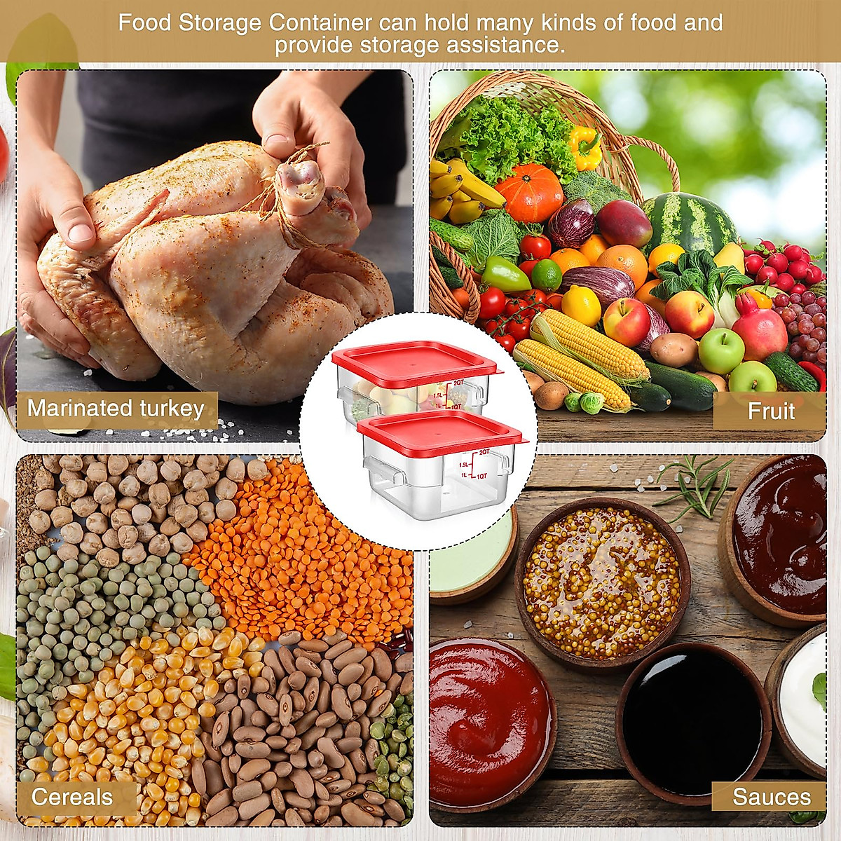 Suclain 2 Pcs Square Food Storage Container Polycarbonate Clear Food Container with Red Lid Commercial Rice Storage with Red Graduations for Commercial Kitchen(7.87 x 3.94 inches)