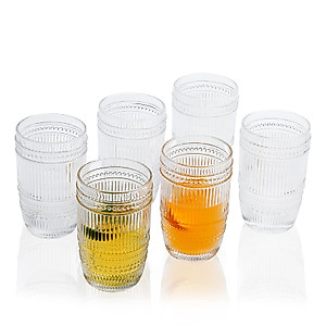 1500° C TABLETOP Vintage Highball Glasses 12.5 oz Set of 6 Romantic Hobnail Drinking Glasses Water Tumblers, Embossed Vintage Drinking Glasses for Beer, Cocktail, Soda, Beverage