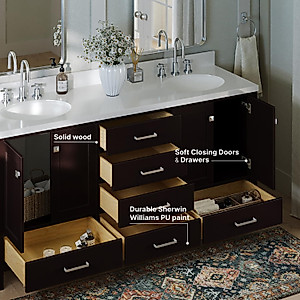 ARIEL Double Bathroom Vanity 73" Espresso with 1.5" Edge Pure White Quartz Countertop & Backsplash, Center Oval Sinks, 4 Soft Closing Doors, 6 Full Extension Dovetail Drawers, Brushed Nickel