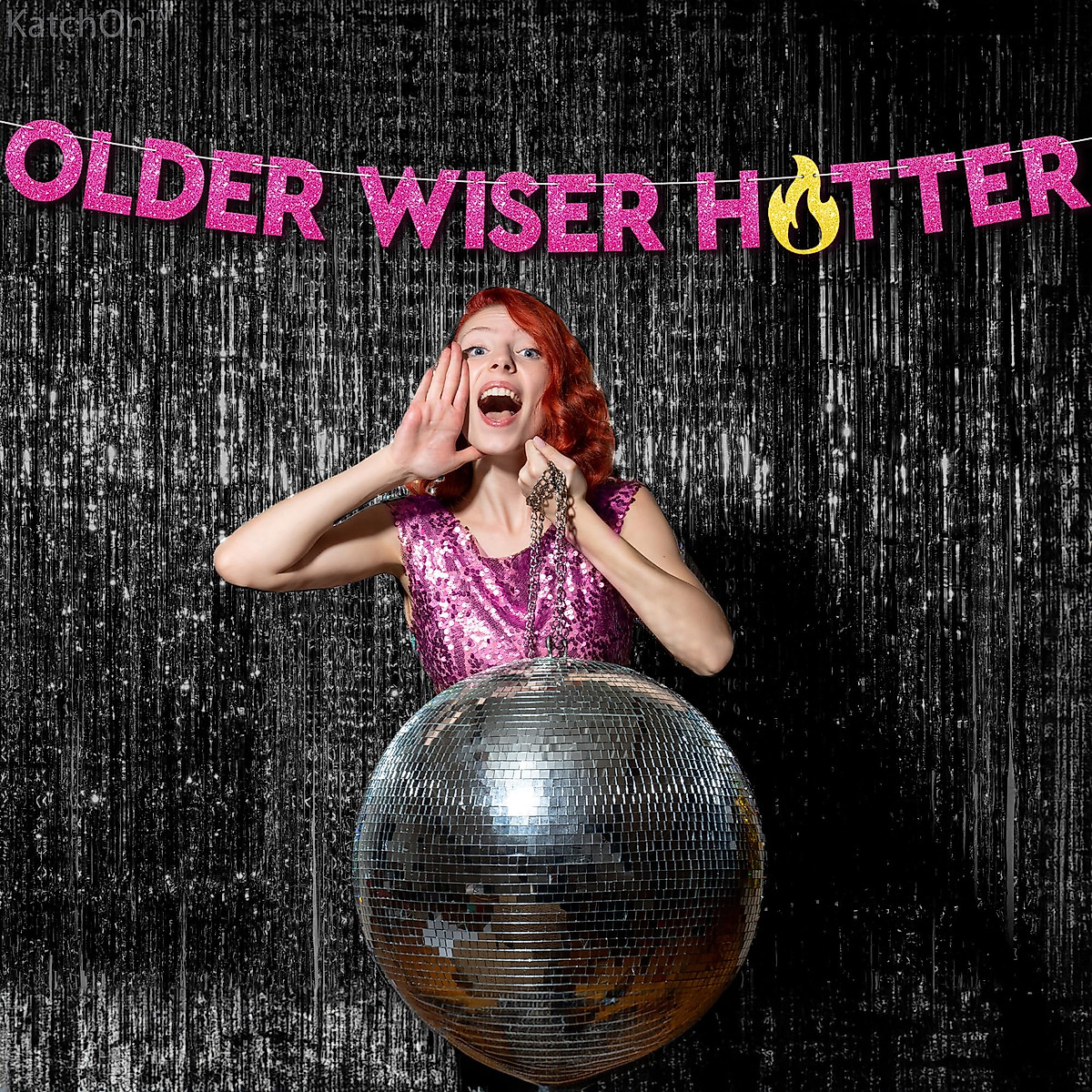 KatchOn, Glitter Older Wiser Hotter Banner - No DIY, 10 Feet | Pink Birthday Banner for Birthday Decorations Adult Women | Older Wiser Hotter Birthday Banner for Pink Funny Birthday Decorations