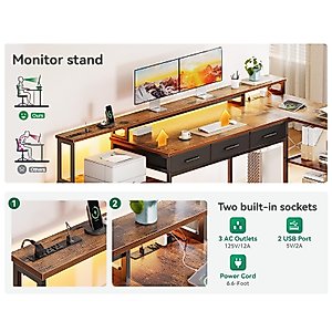AODK 79" L Shaped Desk with 7 File Drawers, L Shaped Computer Desk with 2 Power Outlets & Monitor Shelf, Home Office Desk with Storage Shelves, Reversible Gaming Desk with LED Light, Vintage