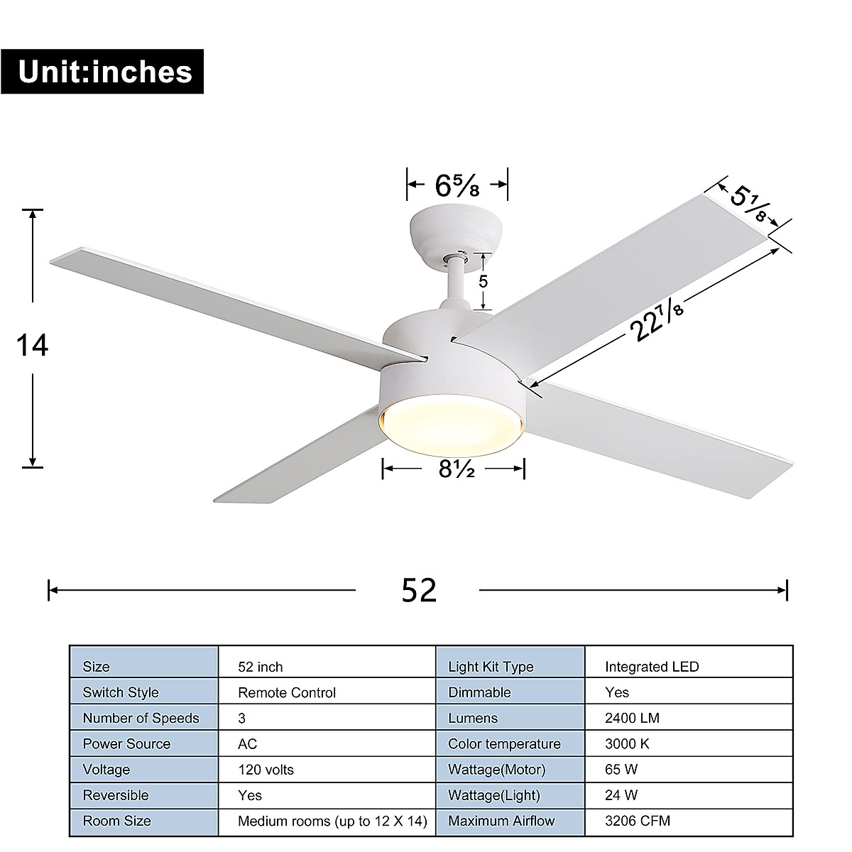 FINXIN Indoor Ceiling Fan Light Fixtures Remote LED 52 White Ceiling Fans for Bedroom,Living Room,Dining Room Including Motor,4-Blades,Remote Switch