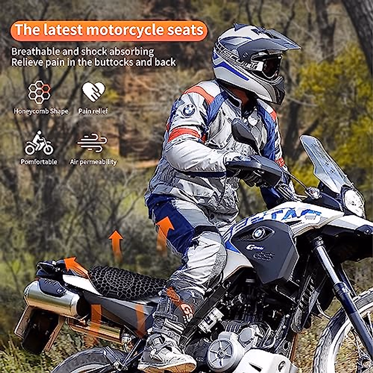 FQMY Motorcycle Gel Seat Cushion with Seat Pad Sunshade Cover, Large 3D Honeycomb Motorcycle Seat Cover, Breathable Shock Absorption Reduces Motorcycle Gel Seat Pad for Comfortable Long Rides