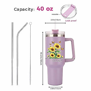 LB LEOBON 40 ounce insulated cup with handle, double-layer vacuum stainless steel material, equipped with straw, can keep warm or maintain cold drinks Spring Sunflower Butterfly Fragrant taro purple