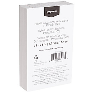 Amazon Basics Heavy Weight Ruled Lined Index Cards, White, 3x5 Inch Card, 100-Count