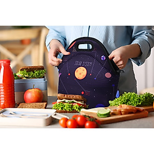 Violet Mist Neoprene Lunch Bag Reusable Insulated Box with Adjustable Shoulder Strap for Women and Men, Space Theme, 11.4"L x 10.43"H x 5.51"W