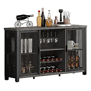 YITAHOME Home Bar Cabinet for Liquor and Glasses, Coffee Bar Cabinet w/Wine Racks, Mesh Door, Glass Holders, Industrial Storage Buffet Cabinet for Kitchen, Dining Room, Living Room, Dark Gray