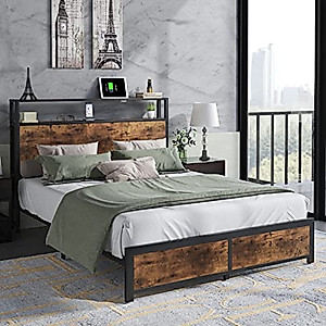 Catrimown Full Size Bed Frame with Storage Headboard Full Platform Bed Frame with 2 Tier Headboard Industrial Wood Queen Bed Frames No Box Spring Needed Noise Free, Rustic Brown