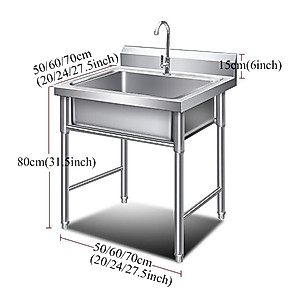 Stainless Steel Kitchen Prep & Utility Sink w/Faucet, Commercial Restaurant Free Standing Sink, Outdoor Washing Hand Basin (Size : 60x60x80cm)