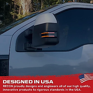 RECON Ford 17-24 Super Duty F250/F350/F450 Side Mirror Lenses (2-Piece Set) w/Amber LED Running Lights, Amber Blinking LED Turn Signals & White LED Spot Lights - Smoked Lens