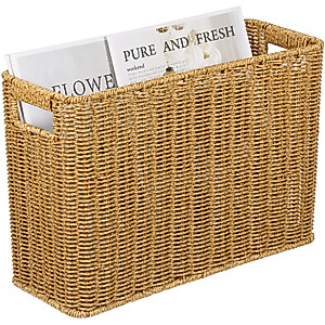 STOBAZA Woven Basket with Handles Magazine Book Storage Basket Bin for Home Office, Handwoven Narrow Basket for Books, Newspaper, File and Mail - 38.00X26.00X15.00CM