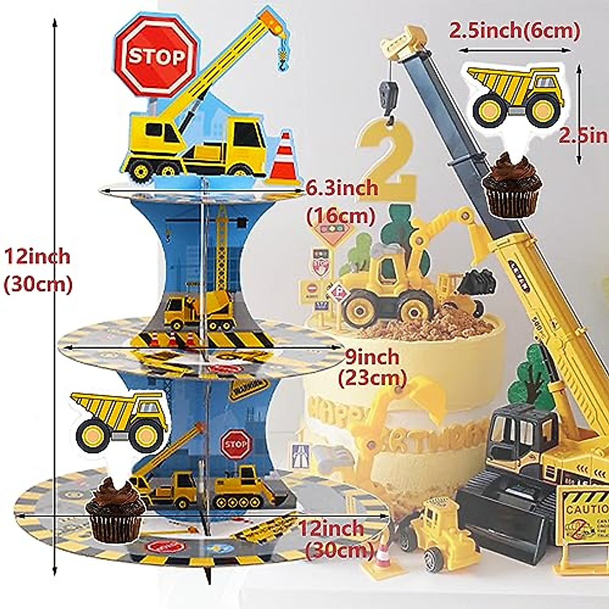 Cupcake Stand for Construction Birthday Party Supplies with 12pcs Cupcake Toppers, Construction Cupcake Holder for Birthday Decorations, 3 Tier Cupcake Stand for Boys Birthday Cake Decorations