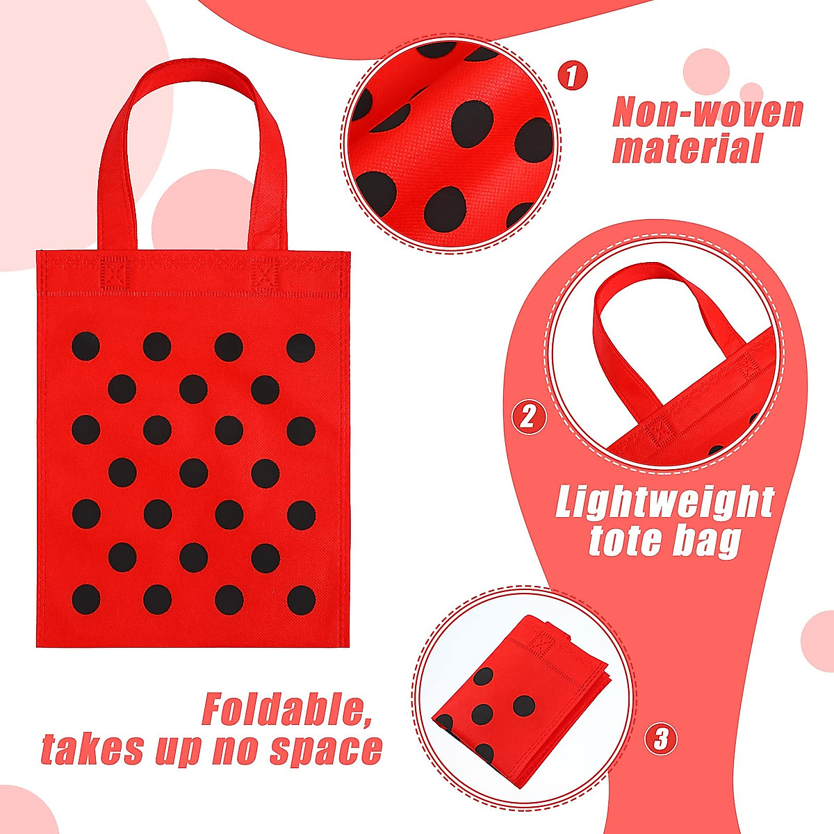 Sumind 24 Pieces Ladybug Party Favors Bags Ladybug Watermelon Goodie Gift Bags Red Black Polka Dot Non Woven Bag with Handles for Birthday Party Decoration Supplies