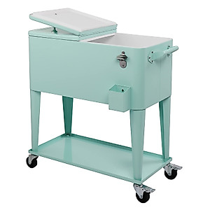 VINGLI 80 Quart Rolling Ice Chest on Wheels, Patio Cooler Party Bar Drink Cooler Cart with Shelf, Bottle Opener, Water Pipe