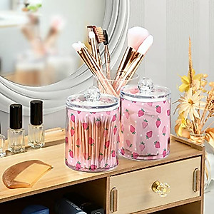 Kigai Cotton Swabs Organizer Pink Strawberry Qtip Holder Dispenser with Lid Apothecary Jar Set 2PCS Reusable Clear Plastic Cans for Dry Food