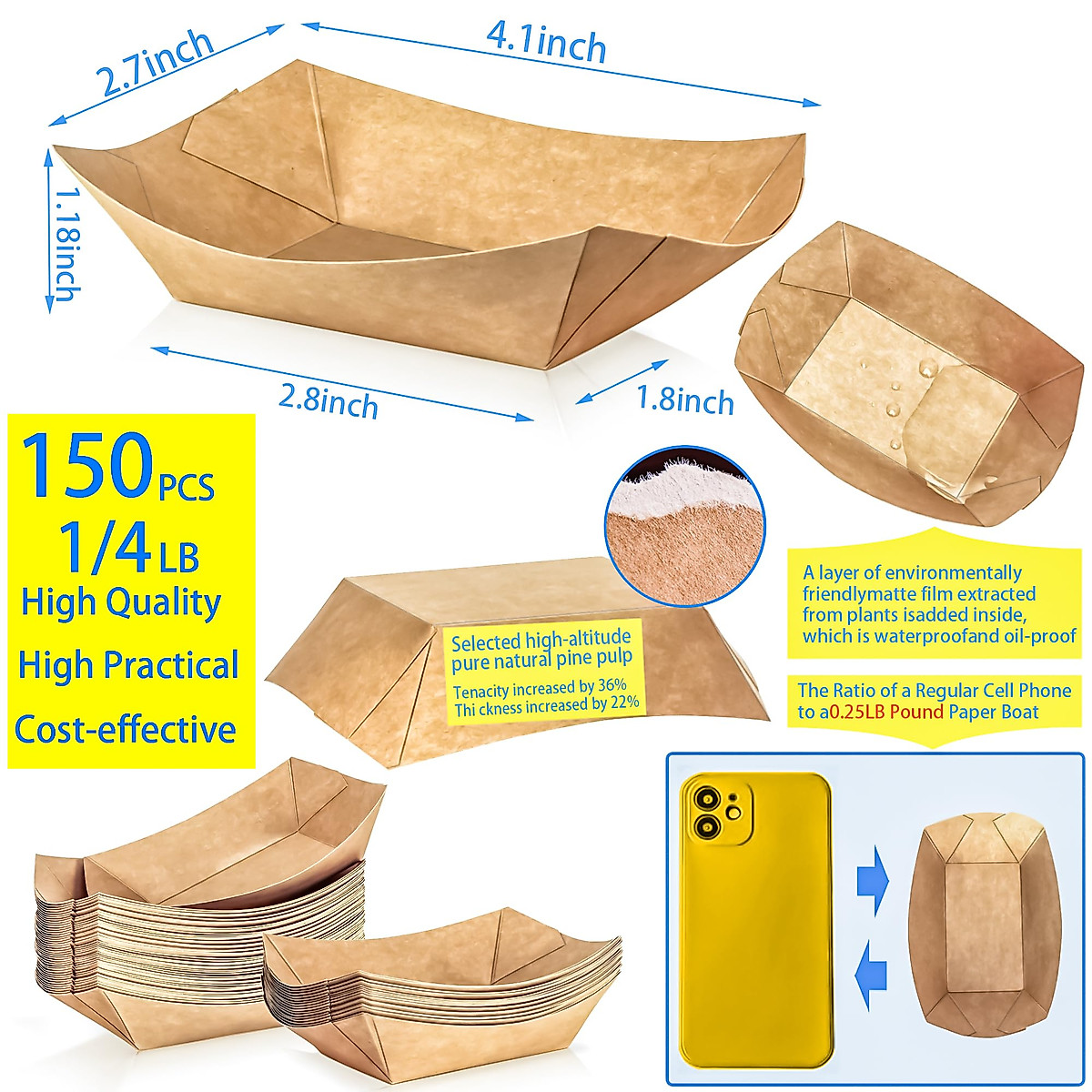 MotBach 150 Pack 1/4Lb Paper Food Boat Trays Disposable Small Paper Boats Plates Containers, 0.25Lb Mini Kraft Food Serving Boat Tray Baskets for Snack Fries Dessert Popcorn BBQ Sauce Tacos Nacho