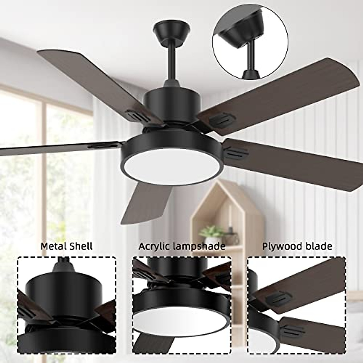 BECLOG Black Outdoor Ceiling Fans, 52" Ceiling Fans with Lights, 6-Speed Reversible DC Motor-Black