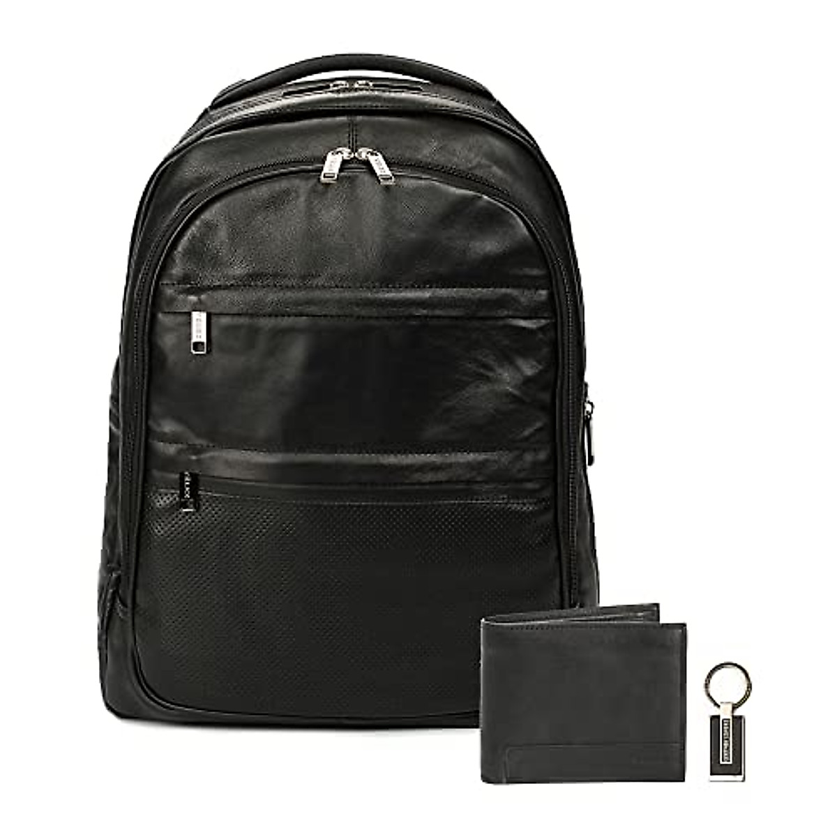 VELEZ Water Resistant Leather Backpack + Wallet with Matching Key Fob Gift Set