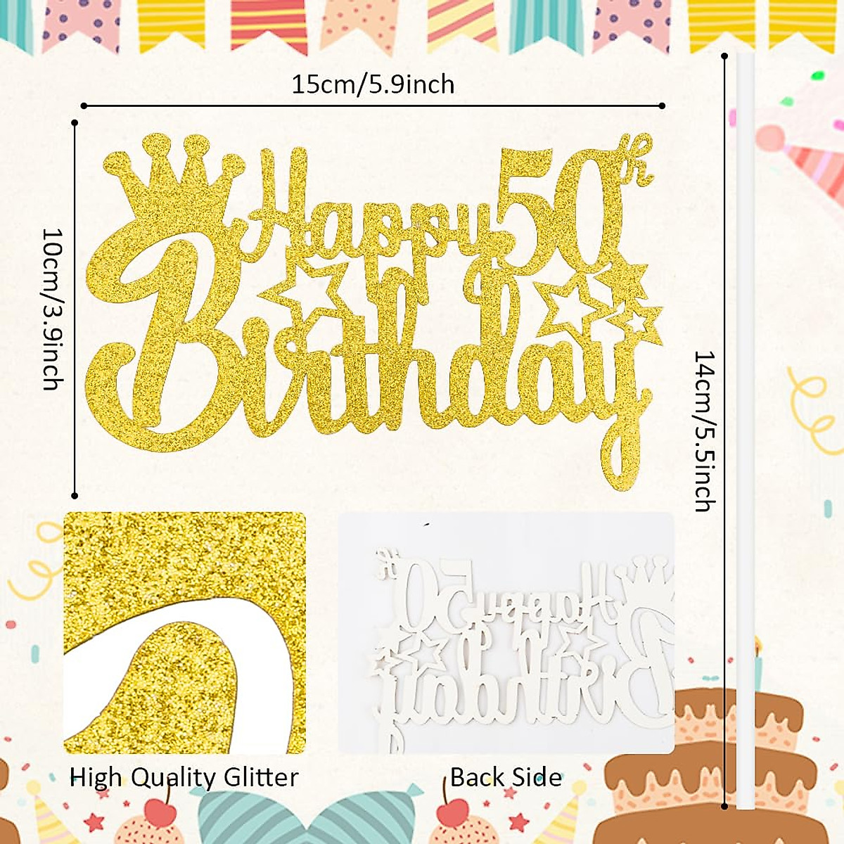 50th Birthday Cake Topper, Happy Birthday Cake Topper, Birthday Cake Toppers, Glitter Gold 50 Cake Topper, Happy 50th Birthday Cake Topper for 50th Fiftieth Birthday Party Decoration Supplies