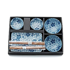 Fuji Merchandise Nippon Blue Sakura Cherry Blossoms Sushi Dinnerware 6pc Set for Two Including Plate Sauce Bowls and Rice Bowl with Chopsticks Made in Japan