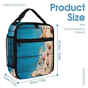 MINBHEBYUD Blue Wooden Board Starfish Shells Lunch Bag for Men Women, Insulated Lunch Bags for Office Work, Reusable Portable Lunch Box