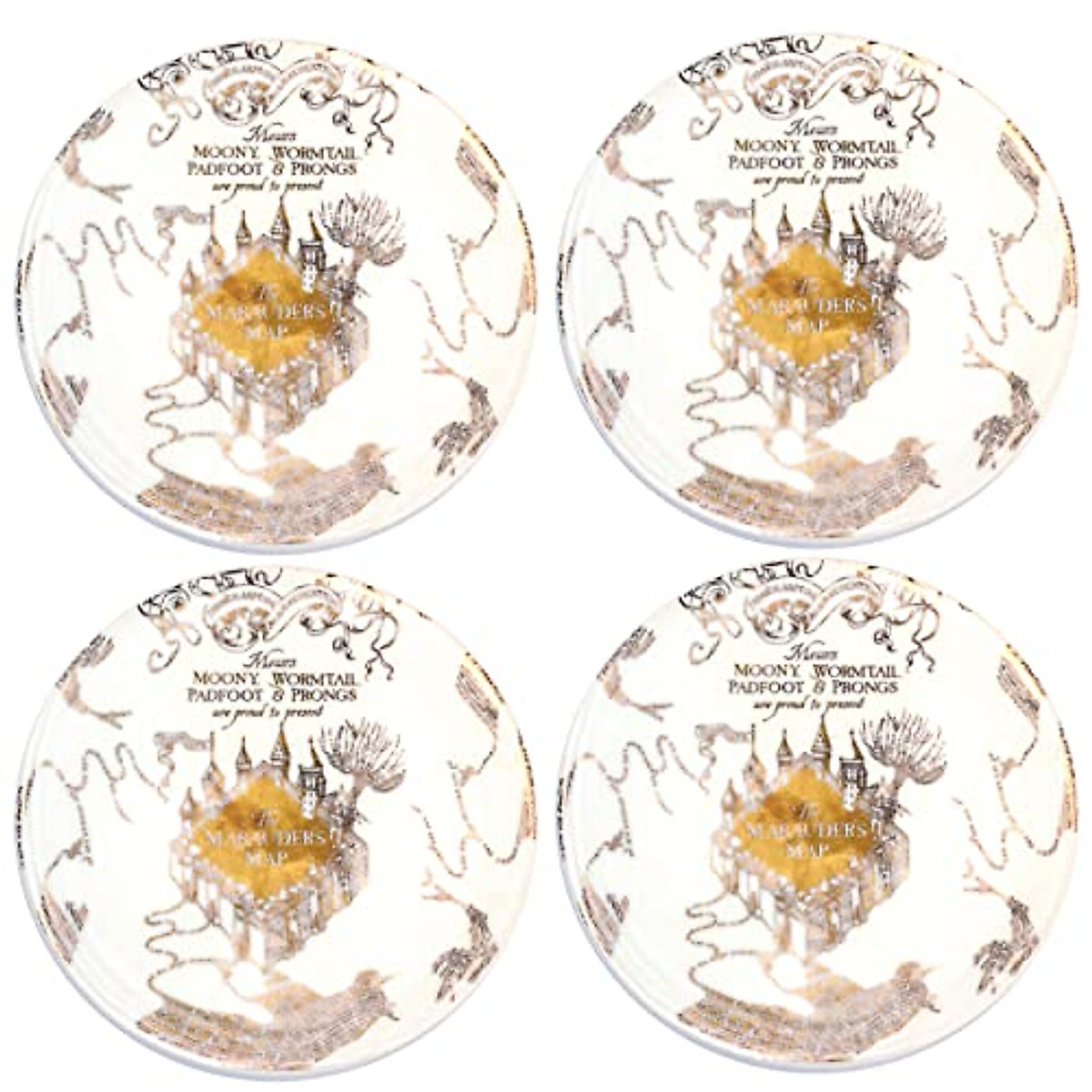 Harry Potter Coasters, Set of 4 Marauders Map Ceramic Coaster Set â€“ Protect Tables from Drink Cups and Glasses â€“ Perfect Harry Potter Gifts for Women and Men â€“ White with Gold Plated Design