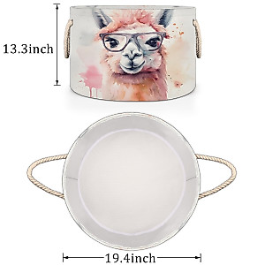 OMFUNS Alpaca Animal Round Storage Basket Extra Large Cute Alpaca Laundry Hamper Basket for Blankets Clothes Cotton Rope Basket Towel Nursery Baby Toy Pet Basket Decorative
