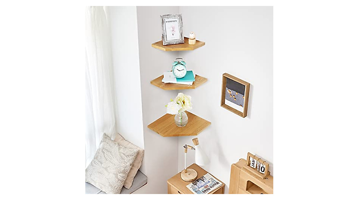 Solid Oak Wood Corner Shelf - Versatile Wall Display