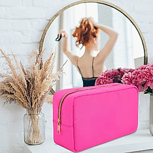 Nylon Makeup Bag Large Makeup Zipper Pouch Preppy Pencil Case for Women Travel Cosmetic Toiletry Bag Skin Care Bag 9.84 * 5.51 * 3.15in (Hot Pink)