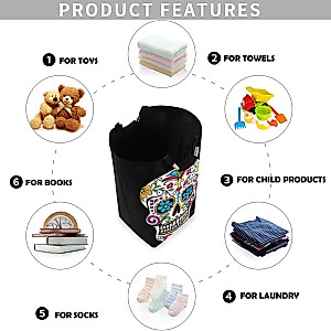 visesunny Sugar Skull Floral Large Laundry Hamper with Handle Foldable Durable Clothes Hamper Laundry Bag Toy Bin for Bathroom, Bedroom, Dorm, Travel