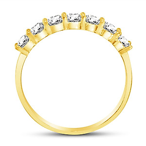 Size - 9 - Solid 14k Yellow Gold 3mm Round Cut Seven Stone Prong Set Anniversary Ring Wedding Band CZ Cubic Zirconia 1/2 cttw.