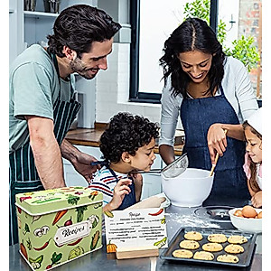 Complete Kitchen Recipe Box Set with 36 Cards, 12 Dividers & Wooden Card Holder | Recipe Card Organizer, Decorative Metal Recipe Tin Set for 4x6 Cards