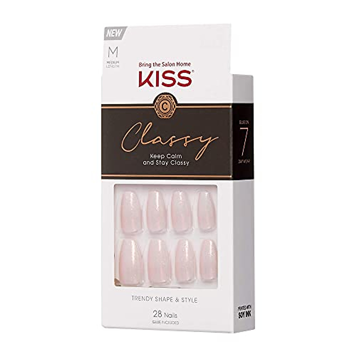 KISS Classy French Nail Manicure Kit with Gel Finish, Medium, Coffin Shaped, “Cozy Meets Cute”, Nail Kit Includes Pink Nail Glue (Net Wt. 2 g / 0.07oz.), Mini File, Manicure Stick, and 28 Fake Nails