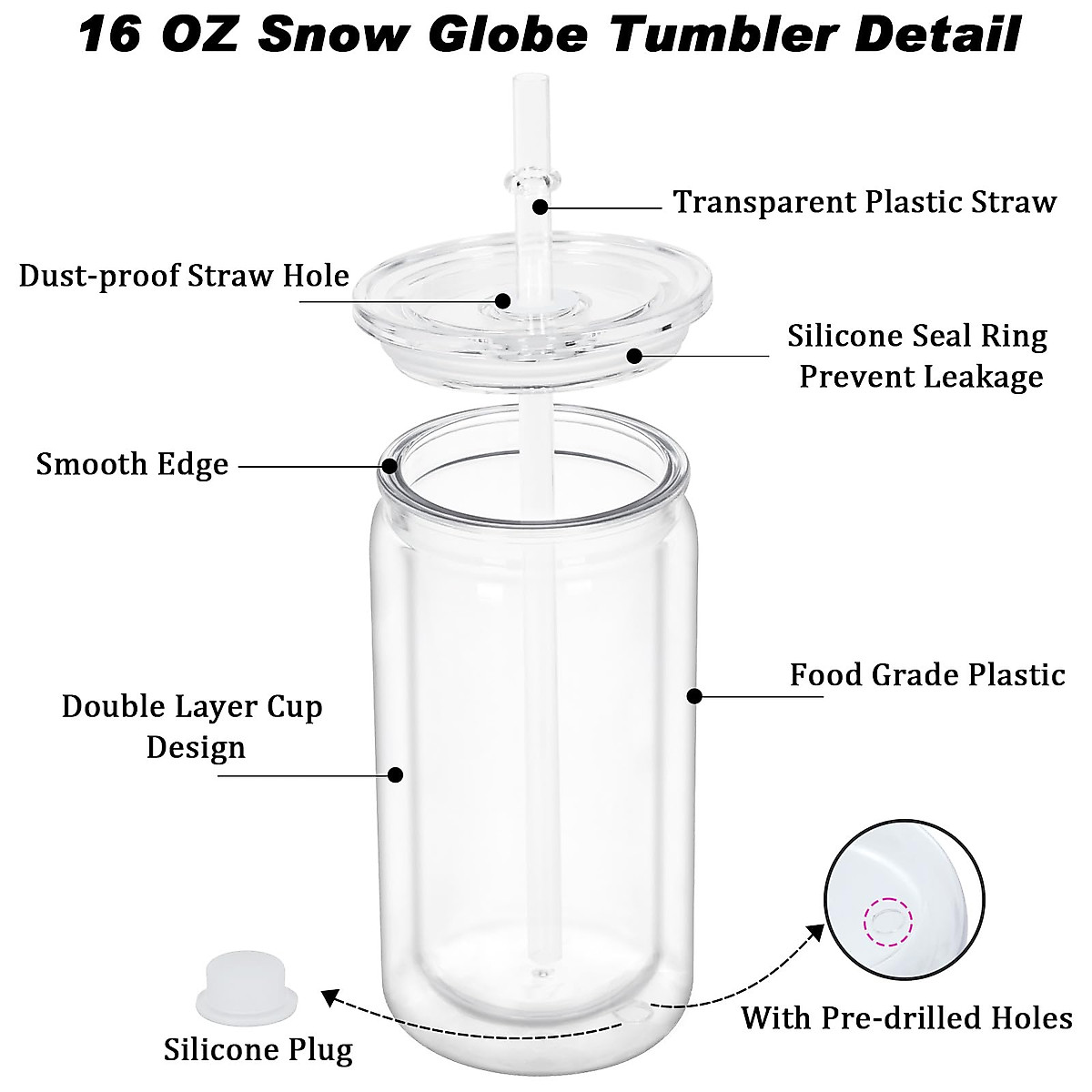 Micellwuu 16 oz Plastic Snow Globe Tumbler, 8 Pack Double Wall Snowglobe Tumbler with Pre Drilled Hole, Plastic Mason Jar Cups Can for Snow Globe Glitter DIY (Clear)
