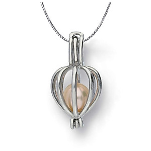 Pearlina Sterling Silver Heart Cage Locket Necklace Cultured Wish Pearl in Oyster Set, 18"
