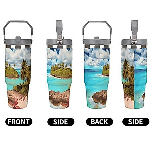 RTFGHJS Caribbean Scenery 30 Oz Tumbler with Handle And Flip Straw, Stainless Steel Vacuum Insulated Travel Mug, Thermal Cup for Coffee, Water, Iced Drinks, Fits Car Cup Holders (Home, Sports)