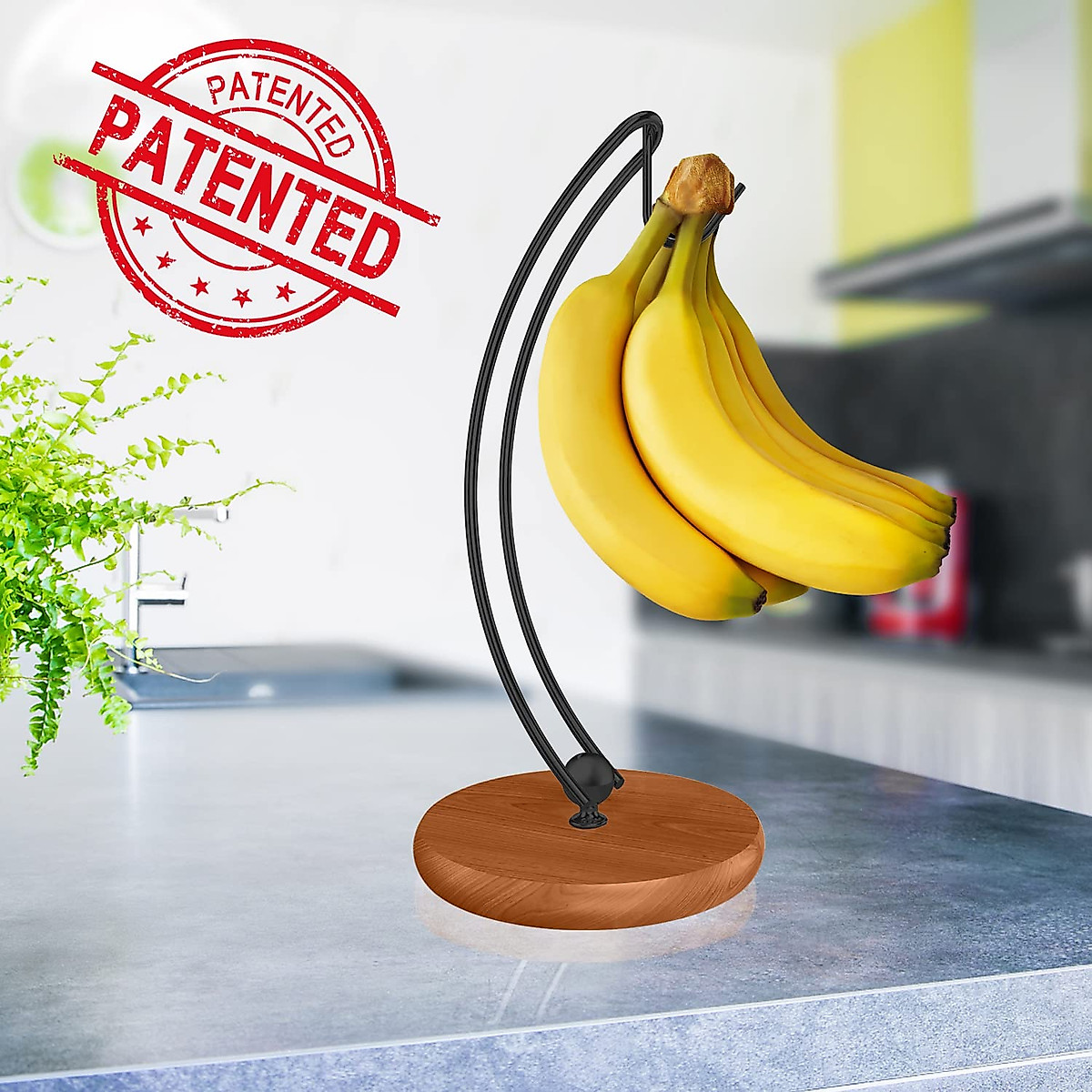 Signice Banana Holder Stand - Newest Patented Modern Banana Tree Hanger with Wood Base Stainless Steel Banana Rack for Home Kitchen Use,Doesn't Tip Over (New Black)