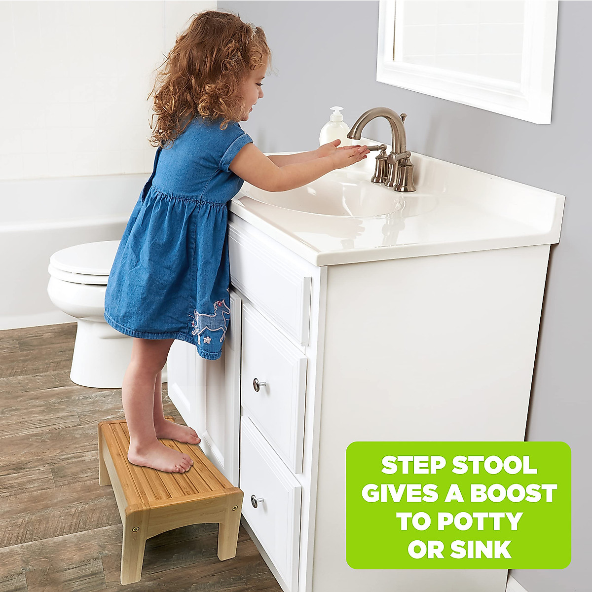 Growing Up Green Bamboo Bathroom Step Stool for Kids Using The Toilet and Sink - Kids Step Stool, Potty Training, Non-Slip, Bathroom, Kitchen, Lightweight